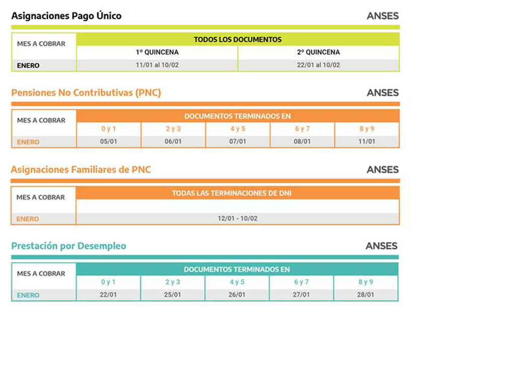 Calendarios de pago del mes de enero de ANSES